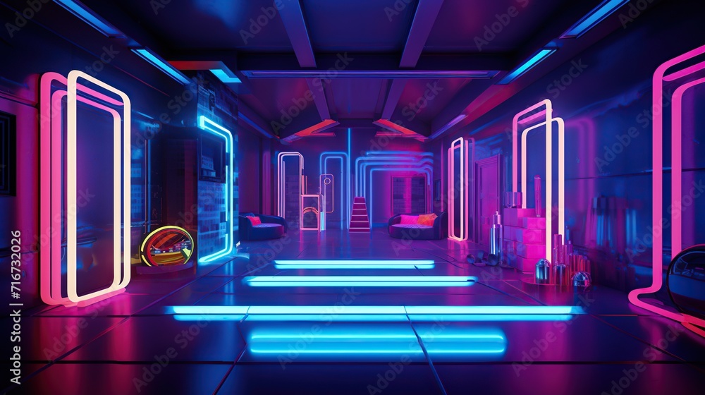House interior room with neon color lighting. Futuristic interior ...