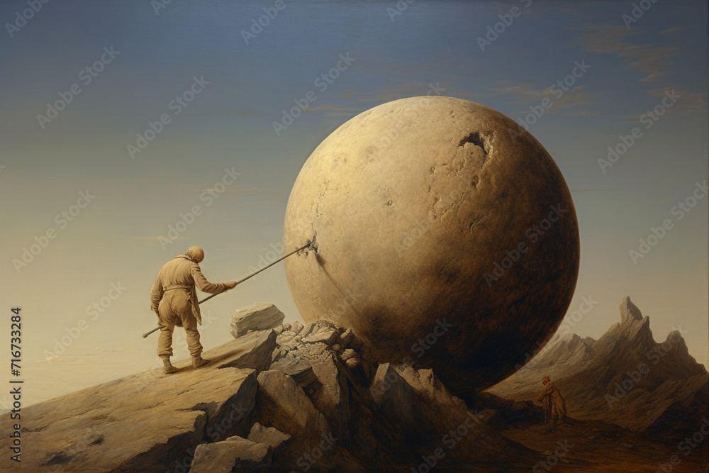 Business, states of mind, metaphors concept. Work of Sisyphus theme of ...