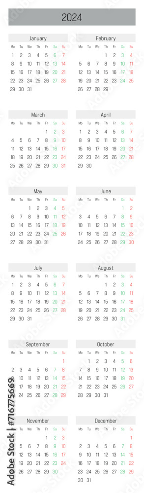 Monthly calendar of year 2024. Week starts on Monday. Block of months ...