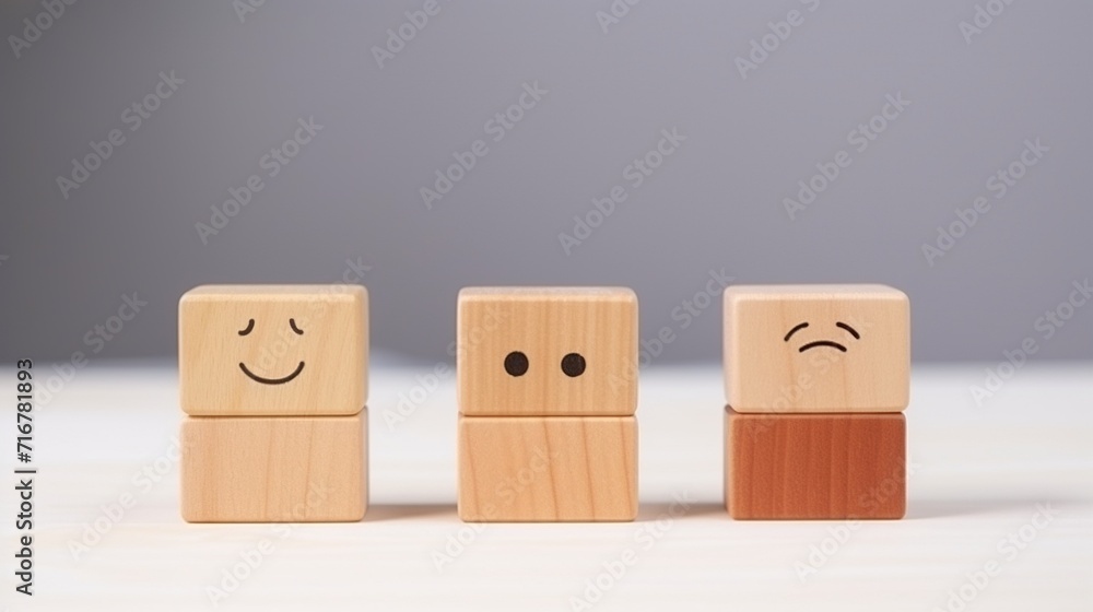 Wooden label with happy normal and sad face icons for experience survey ...