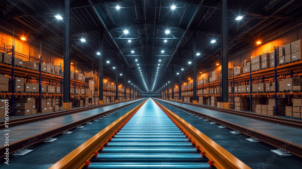 Smart warehouse management system concept.Cardboard boxes on conveyor ...