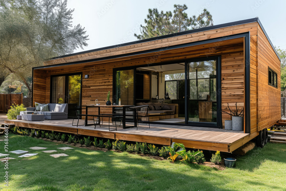 Ilustración de Stock Modular wooden house on wheels with flat roof and ...