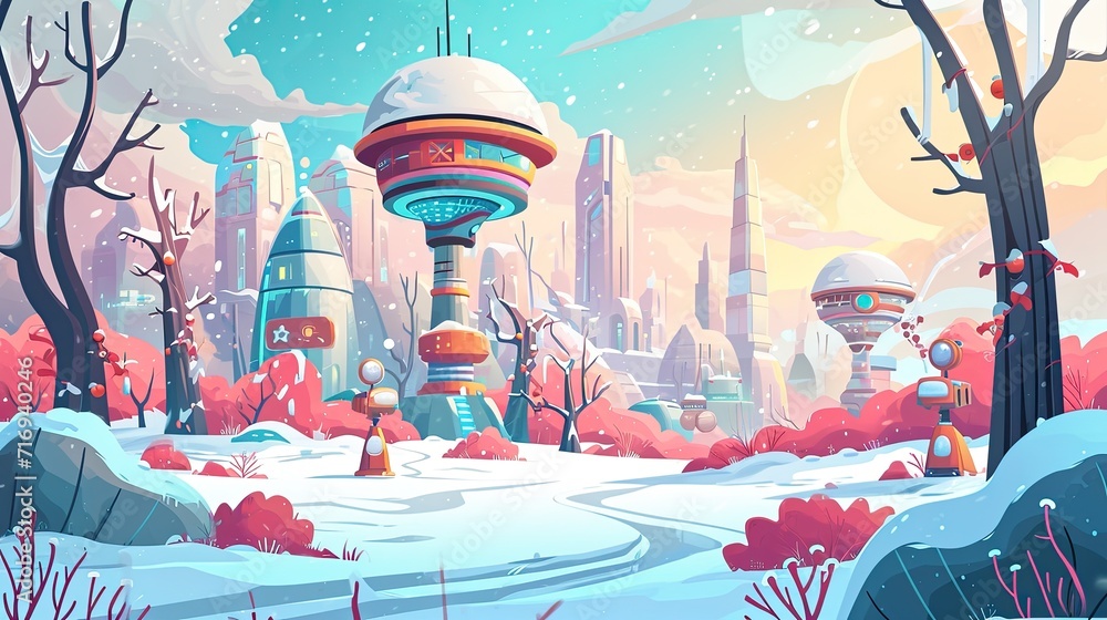 Cartoon winter future park with robots. Playful cartoon illustration of ...