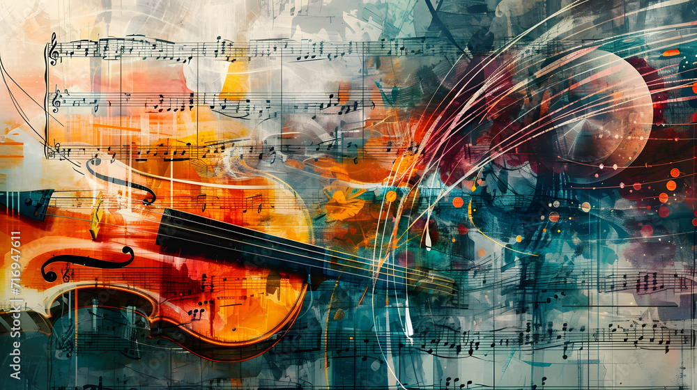 A musical collage incorporating sheet music instrument images and ...