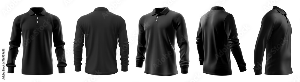 Set of black front, back and side view collar polo tee shirt on ...