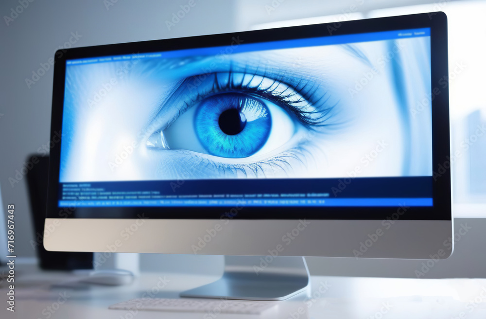 Desktop Computer Monitor with Blue Neon Eye on the Desk in the Modern ...