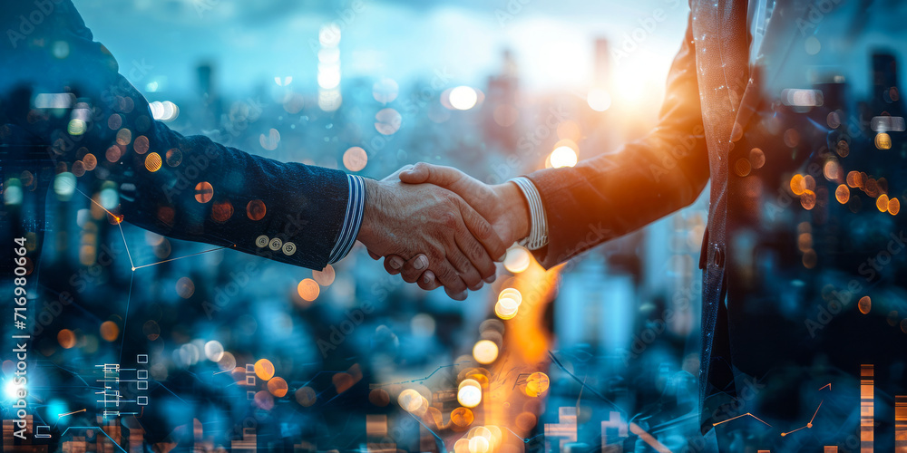 Successful business merger handshake with upward graphs symbolizing ...