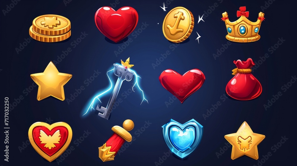 Game icons with heart, lightning, key, crown, gold cup and star. Vector ...