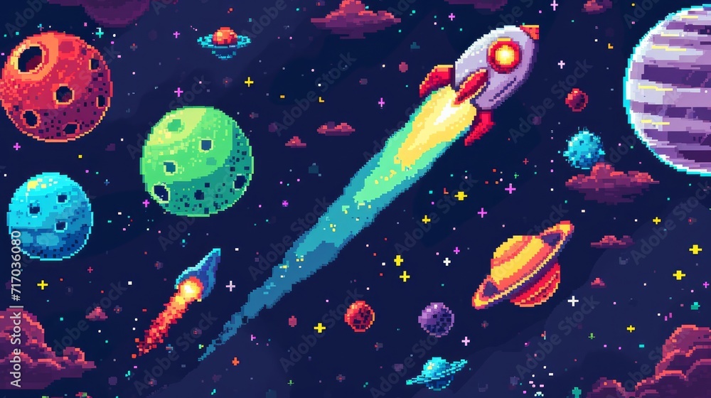 Stock-Illustration „Space Arcade game interface elements with Pixel Art icons, Planets, Ufo ...
