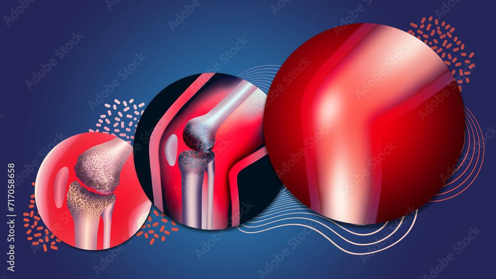 Arthrosis medical illustration diagram with damaged knee structure and ...