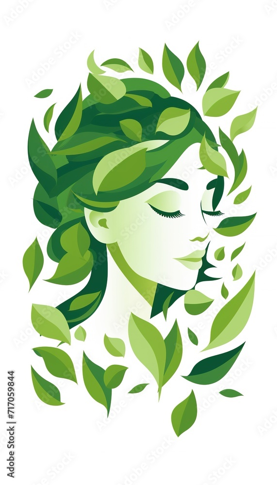 2d green woman with head made of leaves front close-up, A pose, on ...
