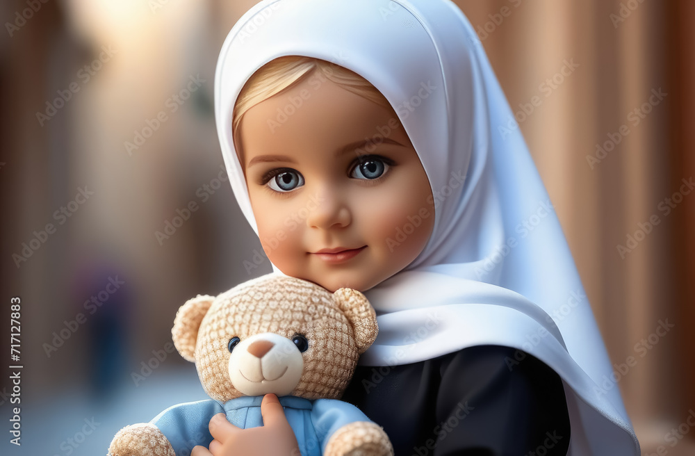 Cute little doll with toy in her hands in the room. Muslim doll in ...