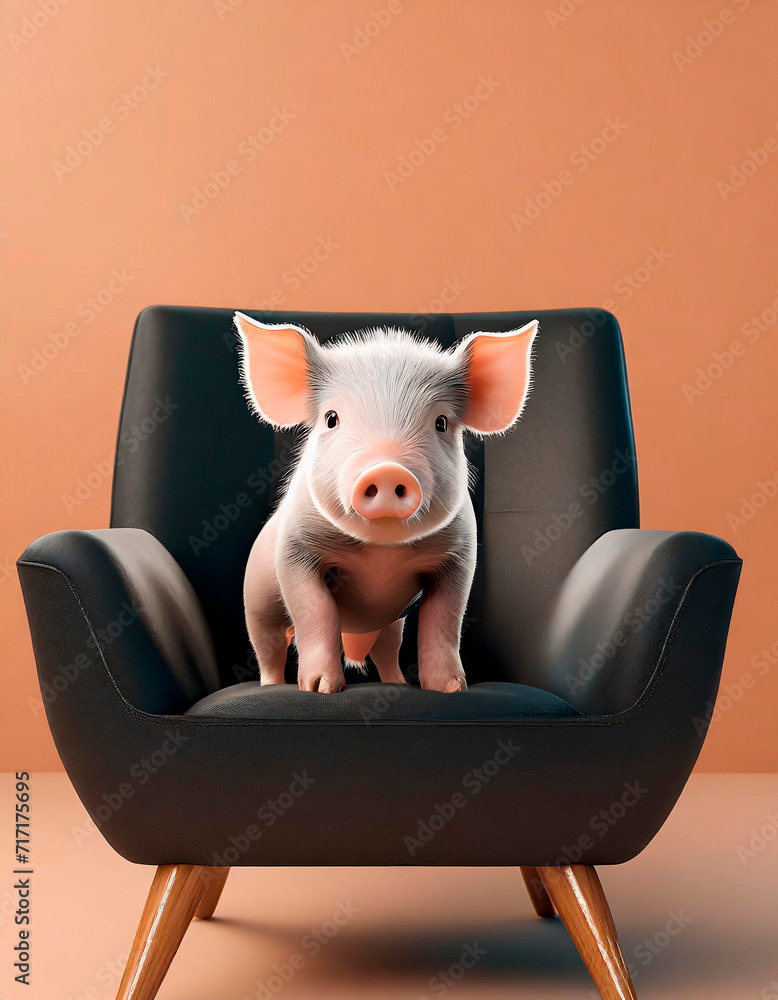 Frontal portrait of a cute little pig on a black Pelican Chair. Indoor ...