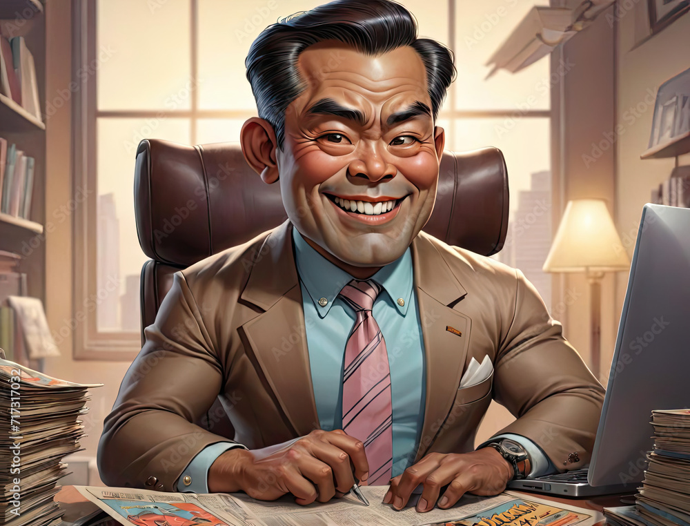 Vintage Caricature: Broad-shouldered, Dark Brown-skin, East Asian Male ...