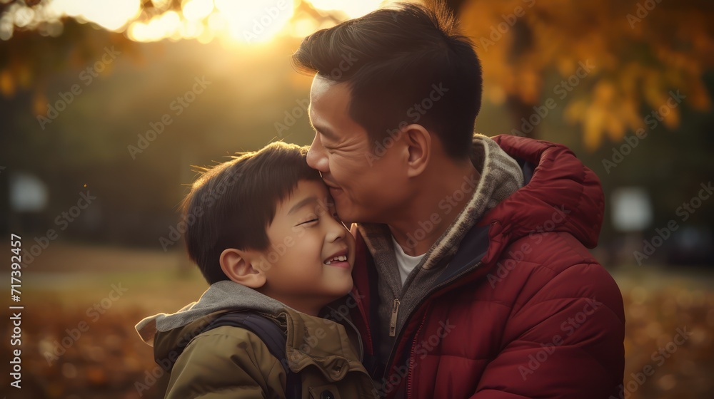 Father, bonding kiss and boy child hug happy in nature with quality ...