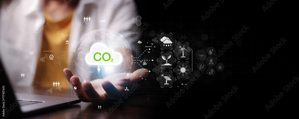 CO2 Carbon dioxide emission reduction, businessman and environmental technology Icon, global ...
