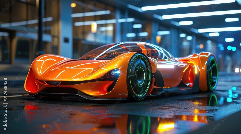 A neon orange electric hypercar with subtle green accents highlighting ...