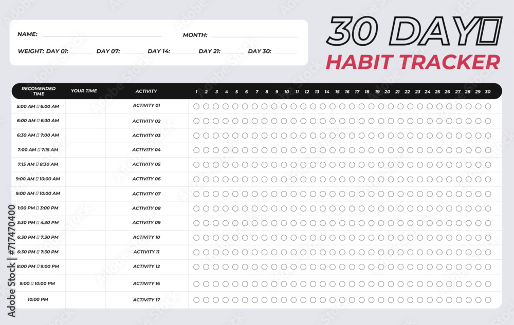 30 days activity habit tracker, 1 month weight lose challenge daily ...