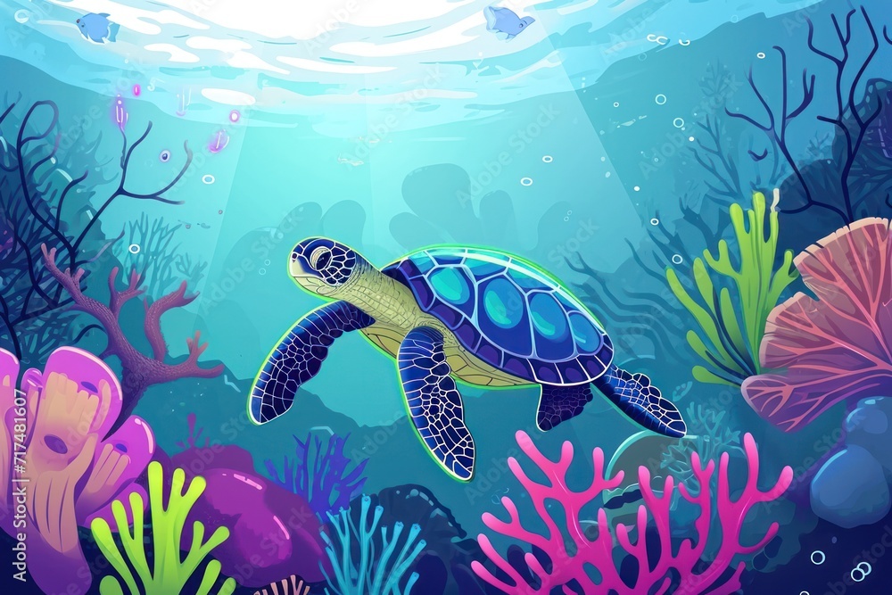 turtle with beautiful underwater world. Vector illustration cartoon ...