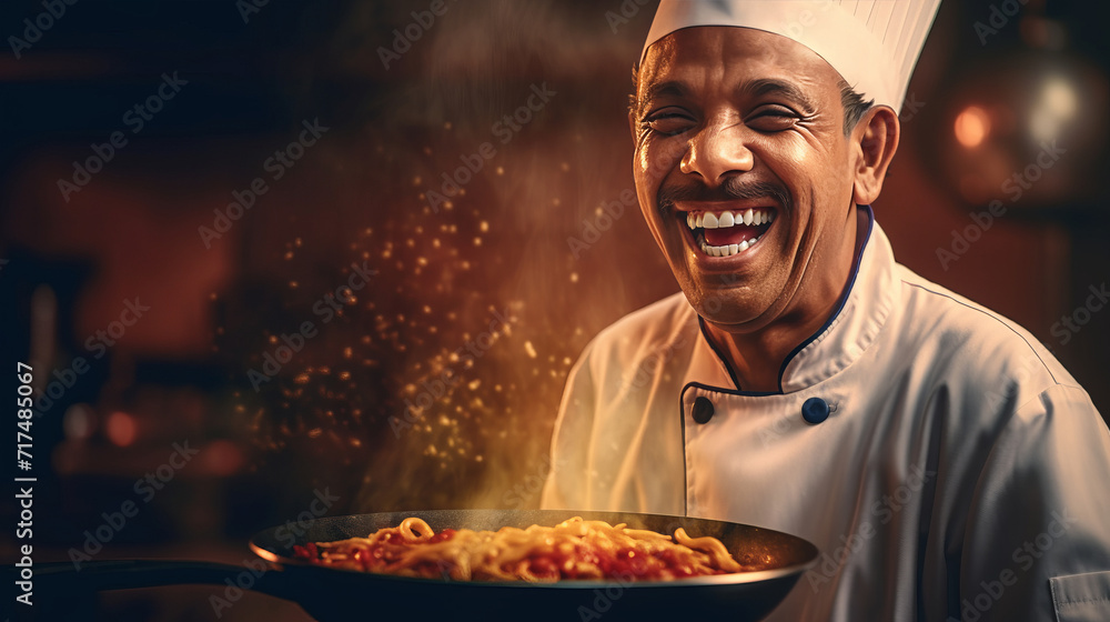 Smiling Indian chef cooking flavorful spicy dish showcasing rich ...