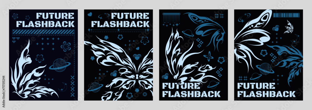 Y2k retro poster design template with grey tribal abstract graphic ...