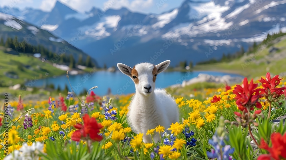 Cute baby farm animal goat in flower field. Lake mountain scenic view ...