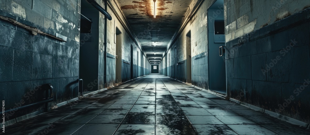 Large corridors of old Soviet military bunker echo of cold war. Copy ...