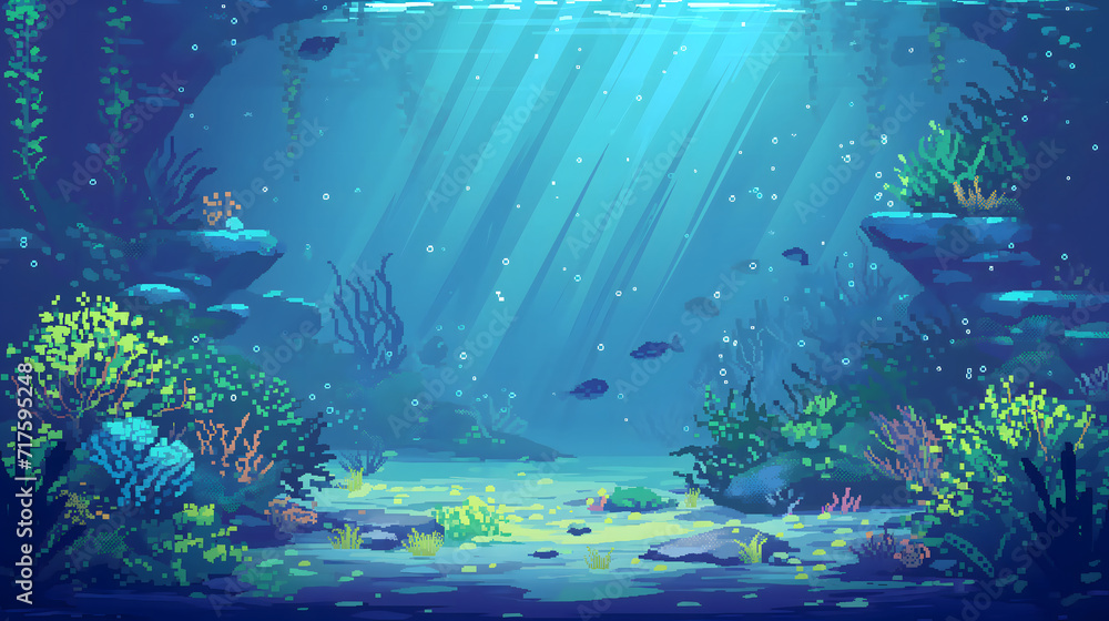 coral view in underwater ocean, pixel art landscape background ...