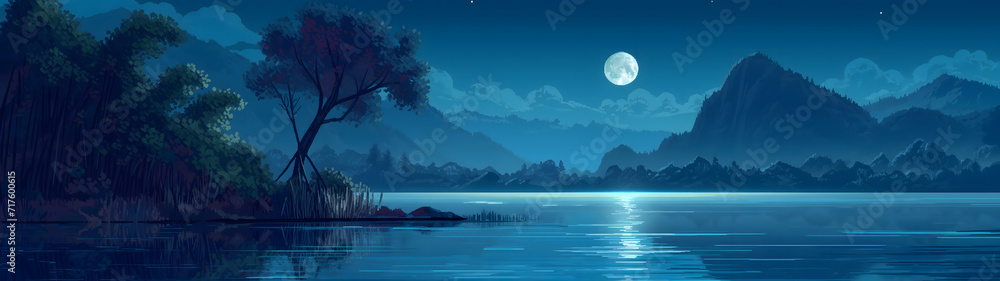 lake with moon at the night, pixel art landscape background wallpaper ...