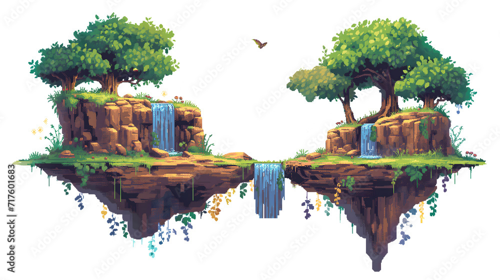 Ilustración de Stock floating island with waterfall in pixel art game ...