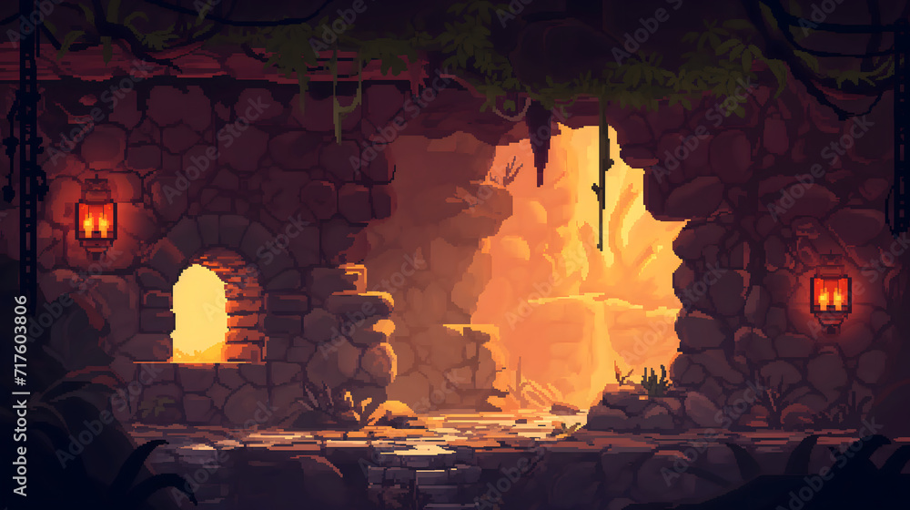 Ancient cave with entrance below the surface in pixel art style, pixel ...