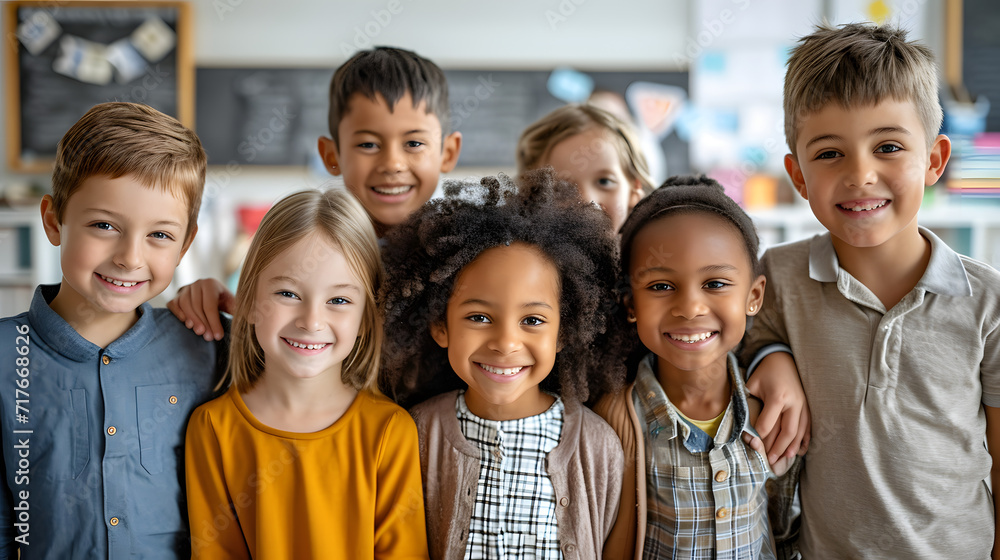 Contented group of various junior school students standing in a ...