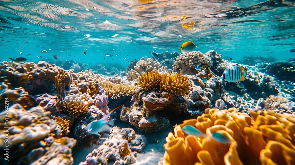 Generative AI : Underwater colorful coral with tropical fish in shallow ...