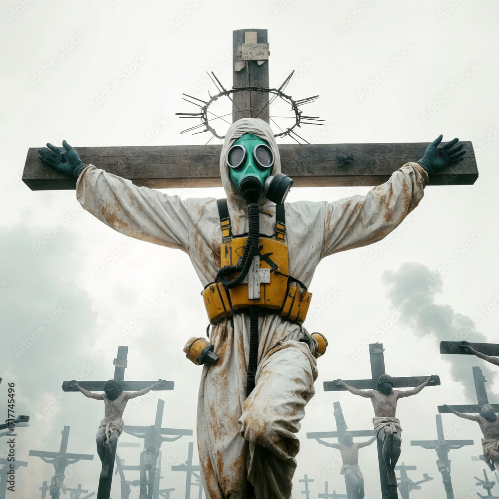 Jesus in a gas mask crucified on the cross Stock Illustration | Adobe Stock