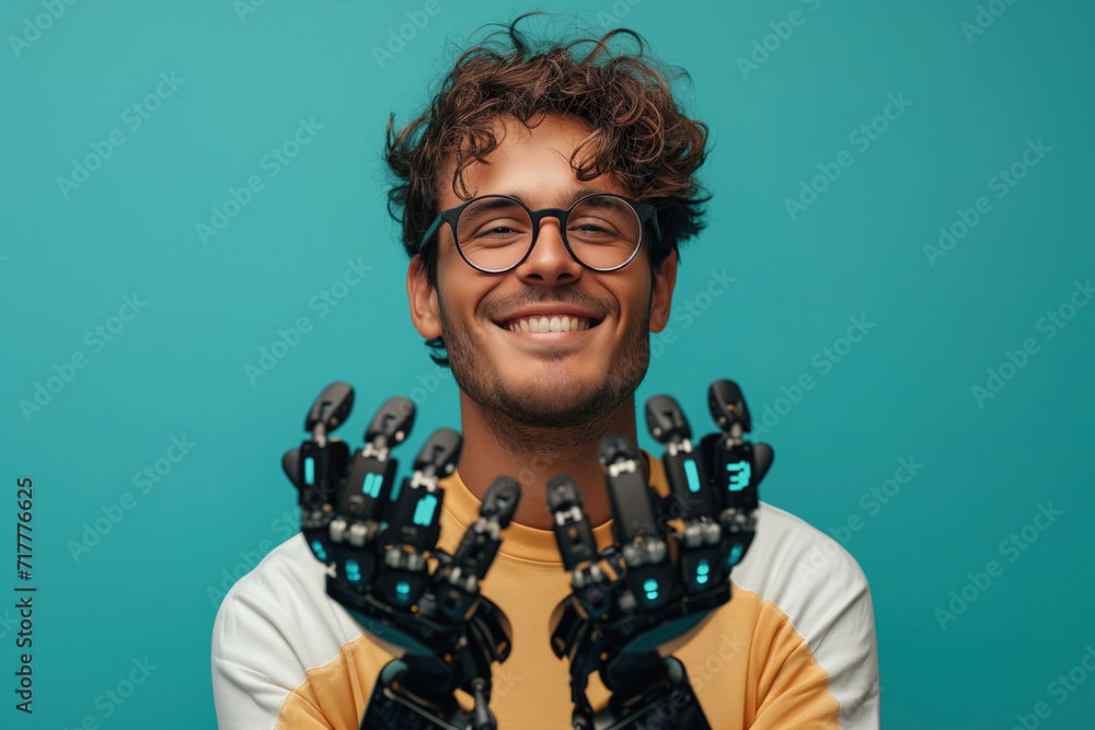 Studio portrait of a happy young man with disabilities, modern sensory ...