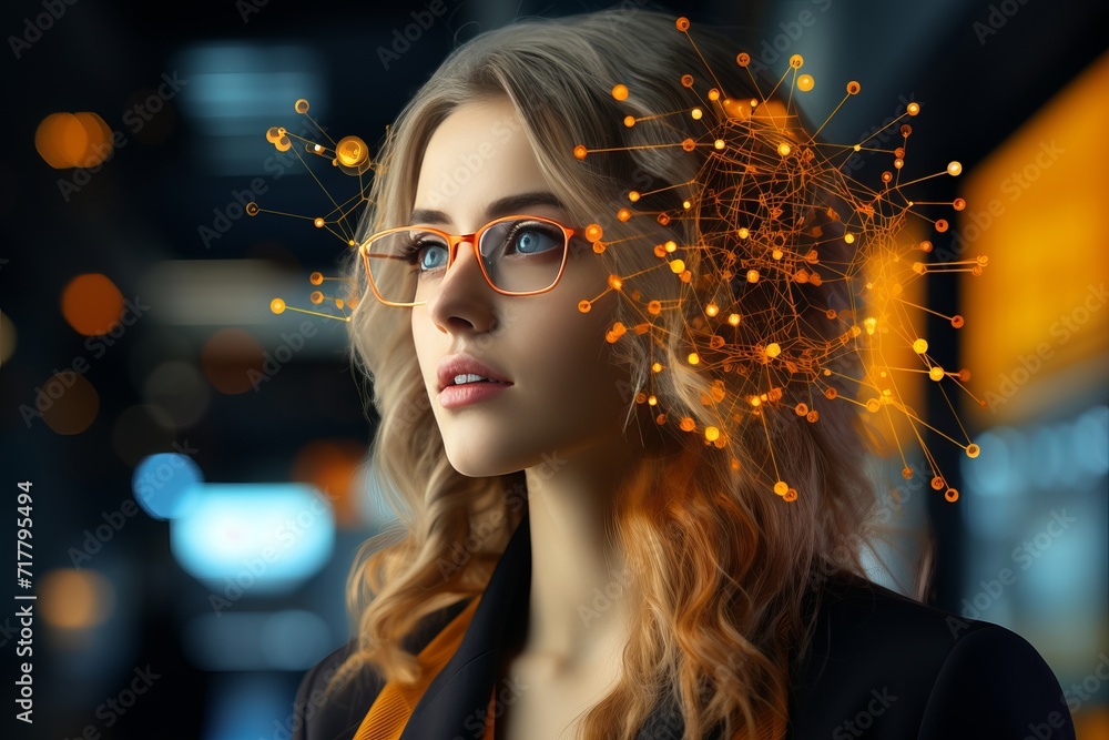 Female data analyst visualizing big data network with artificial ai ...