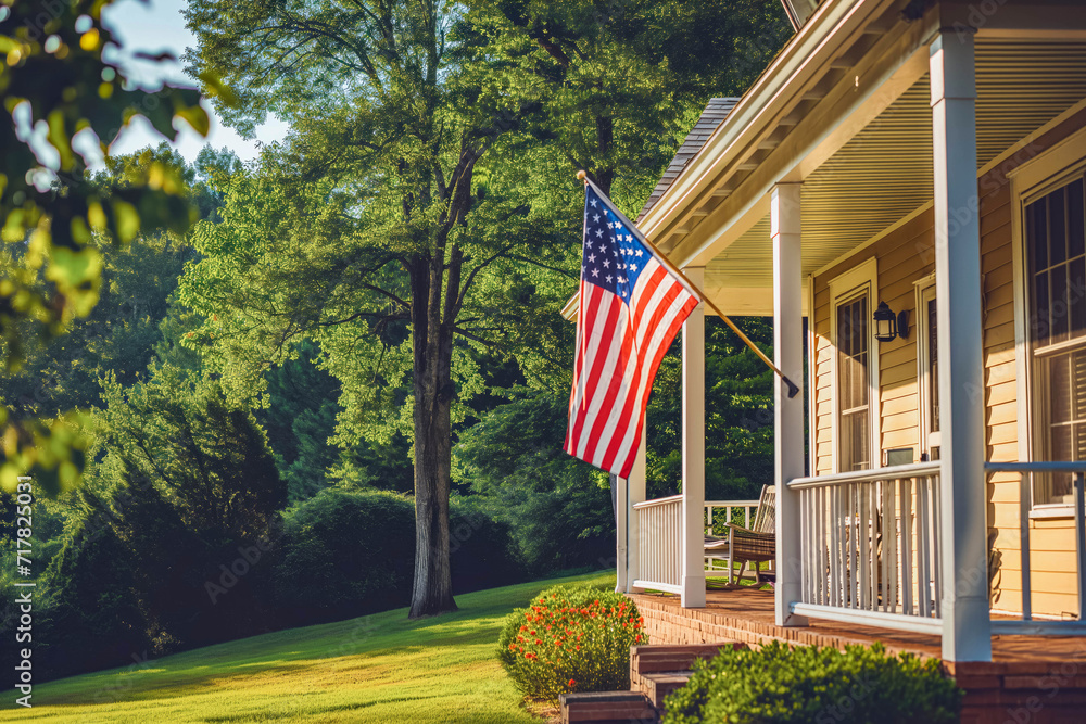 American flag on a american traditional house. Memorial day. The flag ...