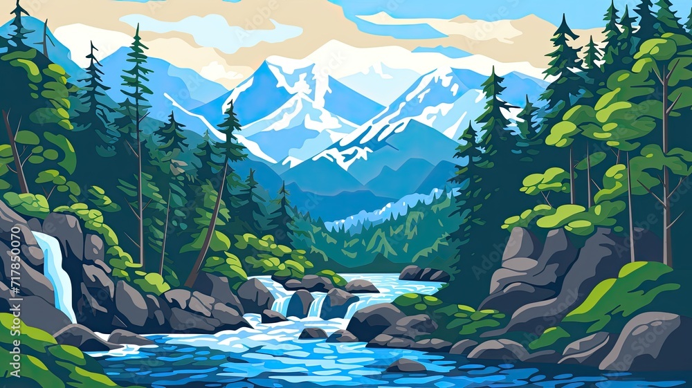 cartoon illustration Deep fjords, waterfalls, and lush rainforests ...