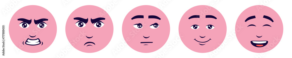 Pink round faces emotions set. Funny characters with anger and surprise ...