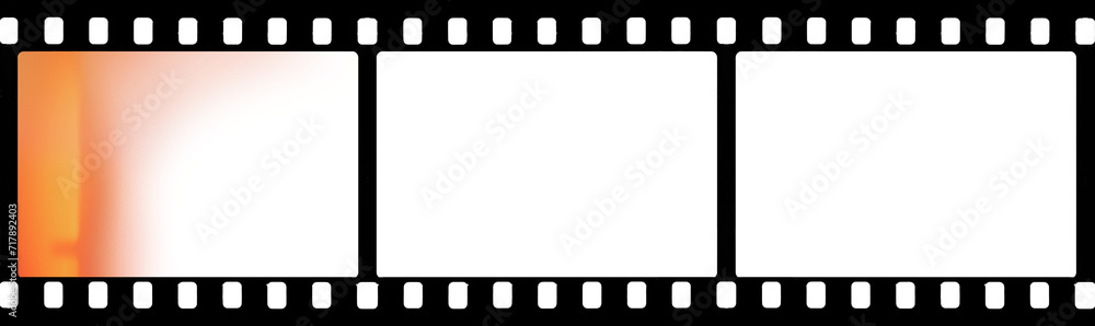 35 mm filmstrip with three frames with red glare and transparent ...