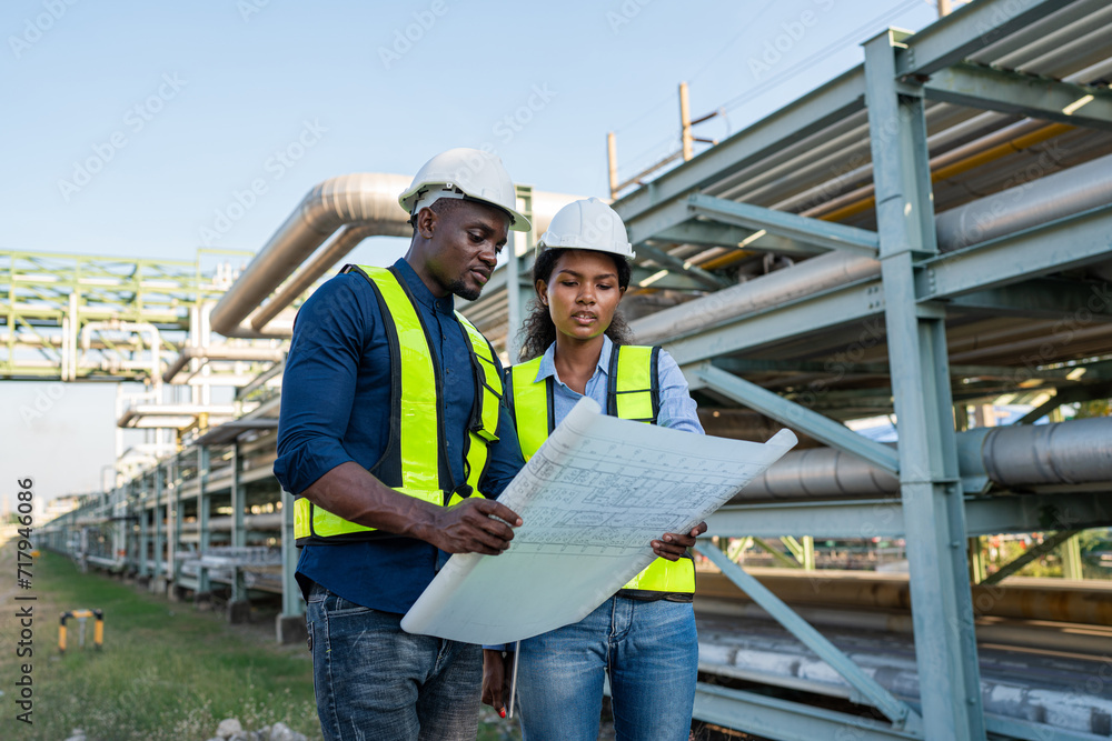 Young mechanical engineer holding blueprint drawing to checking and ...
