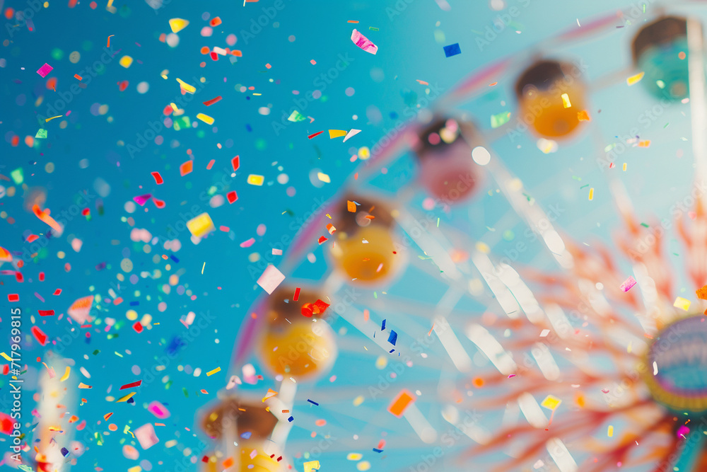 Confetti falling like rain in front of a carnival Ferris wheel ...