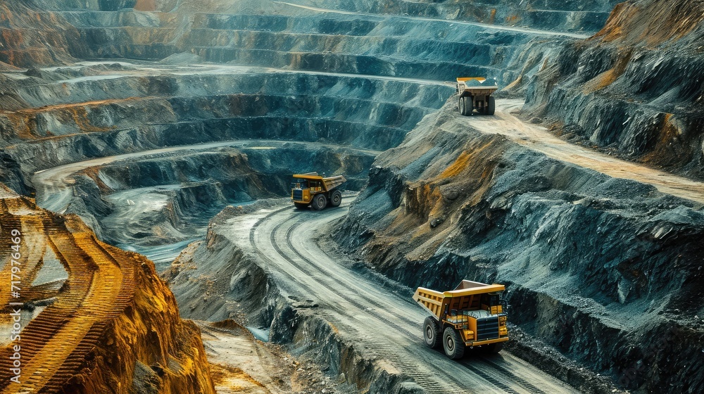 Work of trucks and the excavator in an open pit on gold mining Stock ...