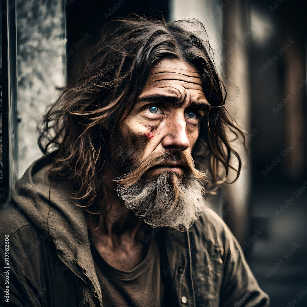 A homeless man with long unwashed hair and dirty clothes and a dirty ...