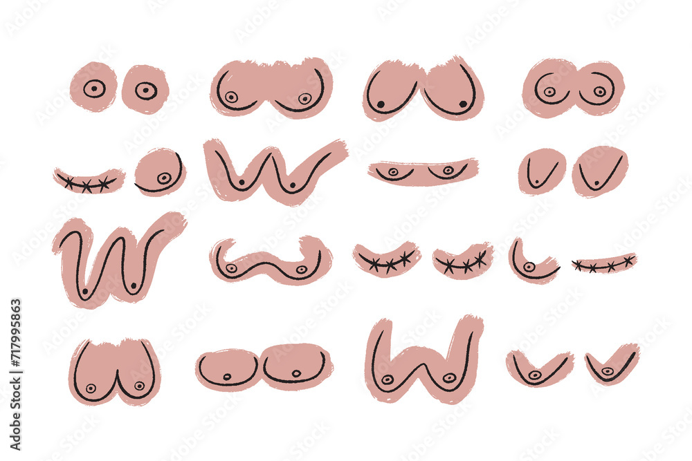Hand drawn woman breast collection. Set of female breasts different ...