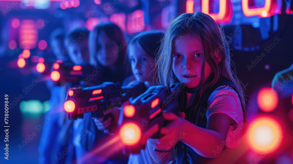 cheerful children playing laser tag, kids, shooting, laser gun, game ...