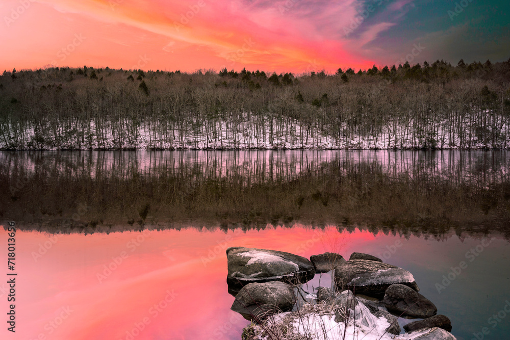 The vibrant winter landscape of Webb Mountain and water reflection on ...