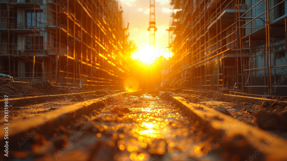 Sunrise, background and morning for building, construction site and ...
