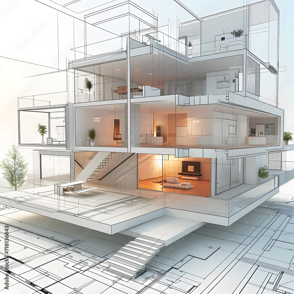 High angle 3D rendering of an architect's blueprint for a modern house ...