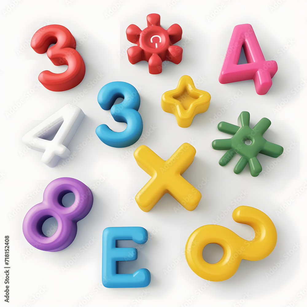 3D rendering of basic math operation colorful icon symbols on an ...